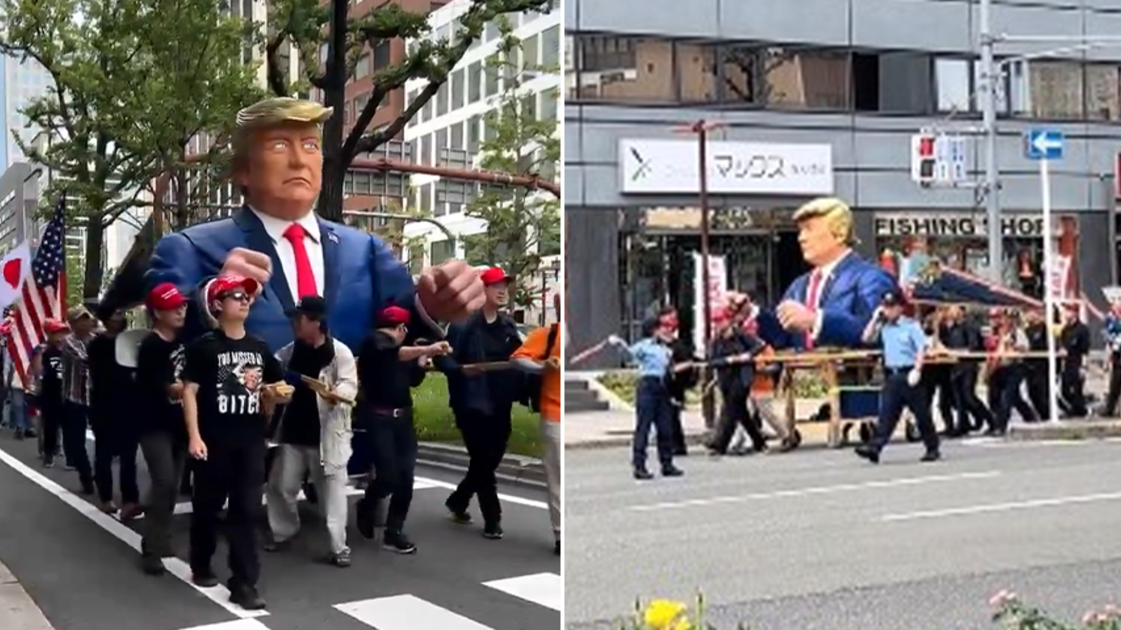 Japanische MAGA-Fans wandern mit riesiger Trump-Statue durch Osaka ...